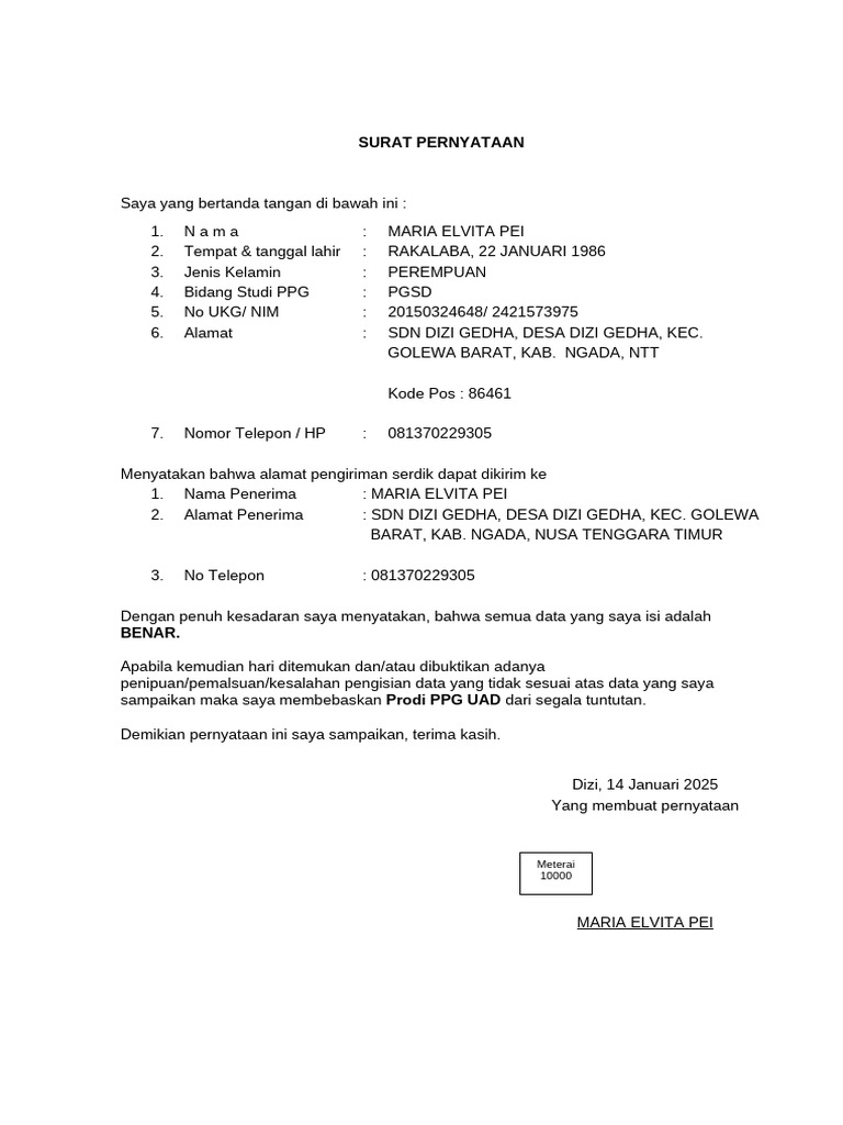 Surat Pernyataan Maria Elvita Pei | PDF
