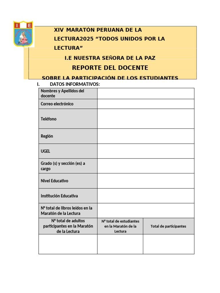 Ficha de Reporte Del Docente Maratón de La Lectura 2025 | PDF