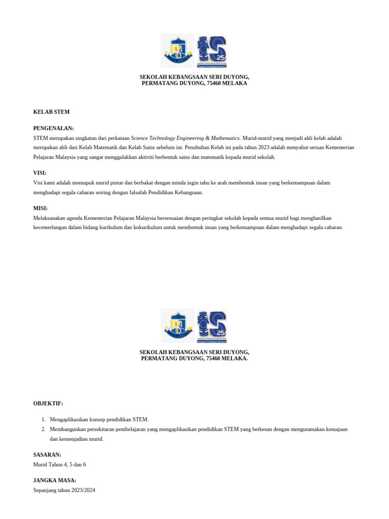 Kelab STEM SK Seri Duyong 2024-2025 | PDF