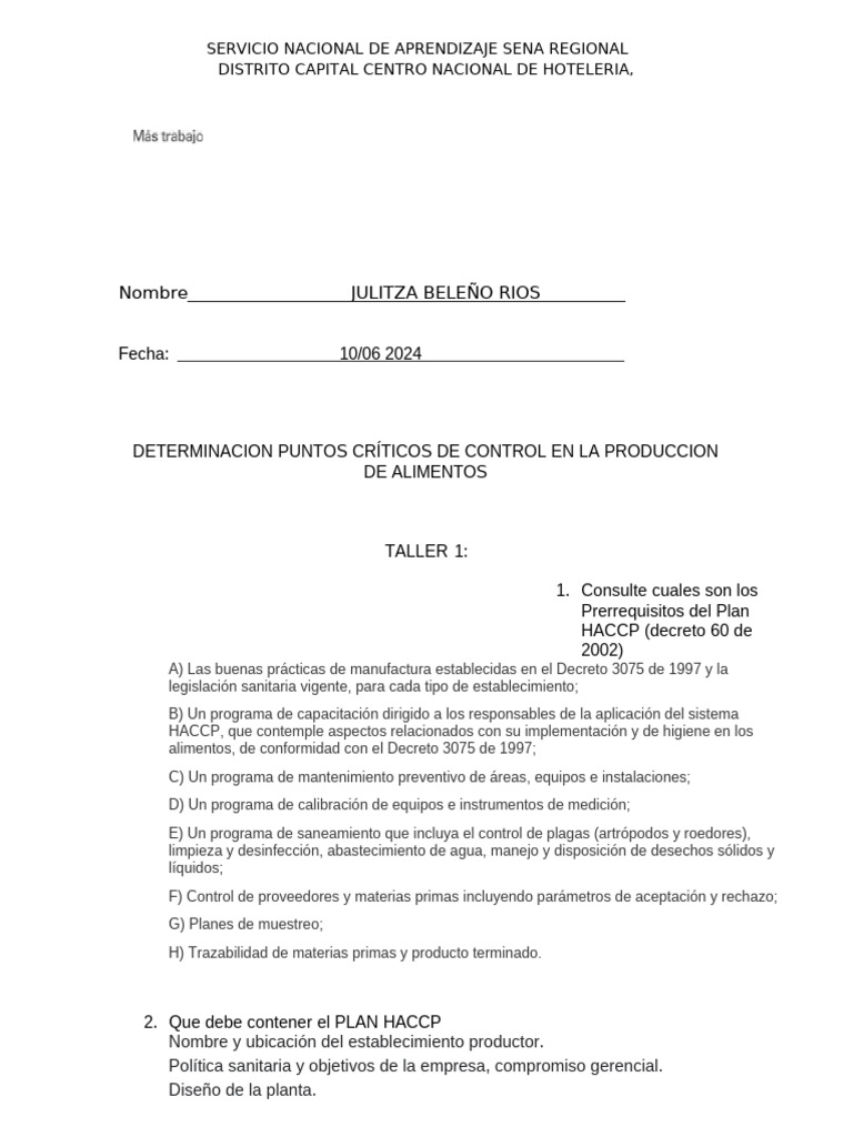 Taller - 1 Pasos Preliminares Haccp Julitza | PDF | Alimentos