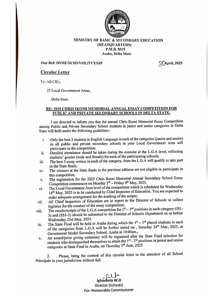 Circular Letter For 2025 Chris Ikomi Memorial Annual Essay Competition ...