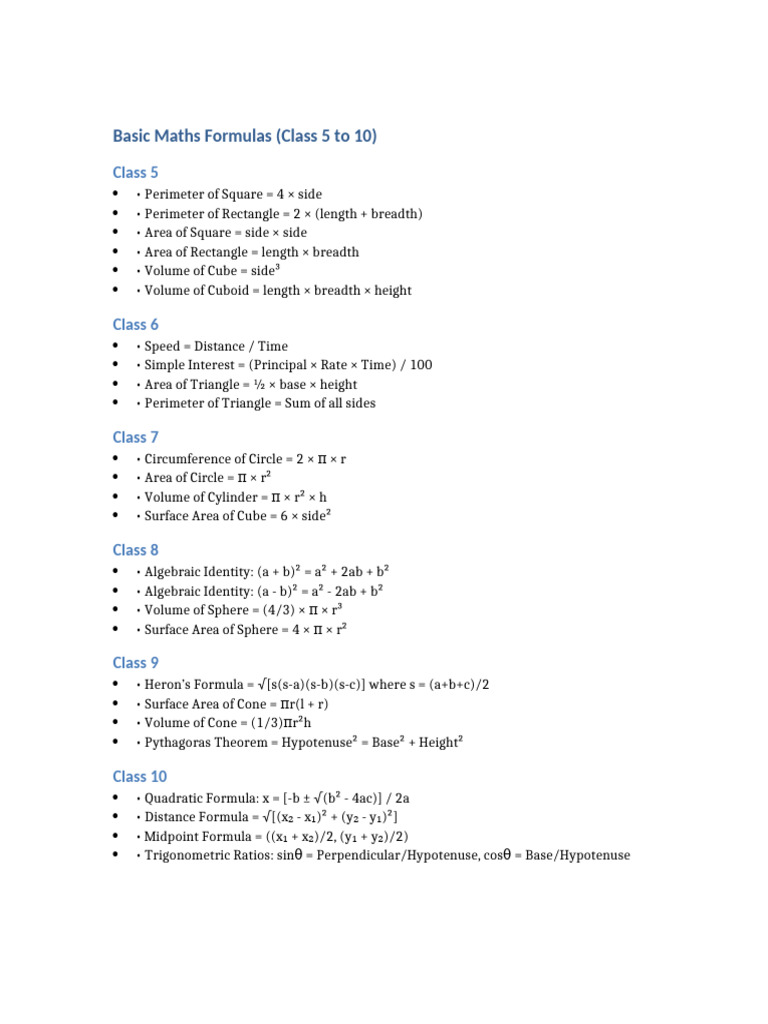 Class 5-10 Basic Maths Formulas | PDF