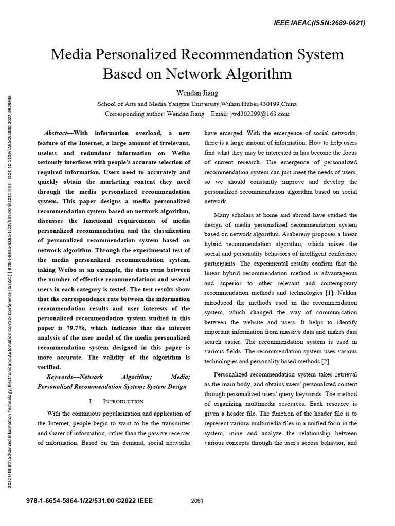 Media Personalized Recommendation System Based On Network Algorithm ...