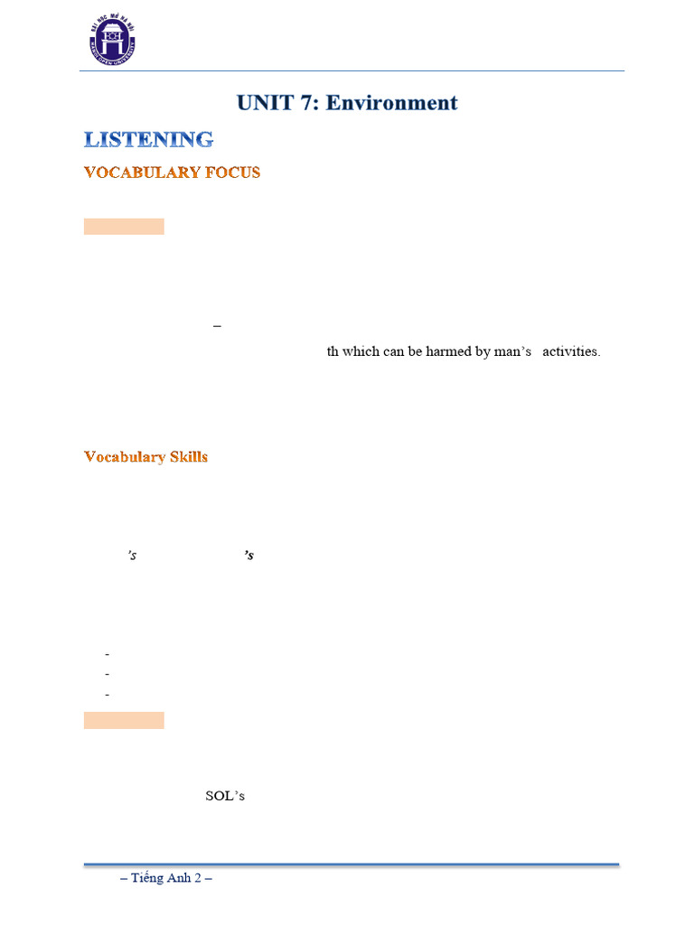 Tuần 3 - UNIT 7 Environment - Listening | PDF | Noun | Word