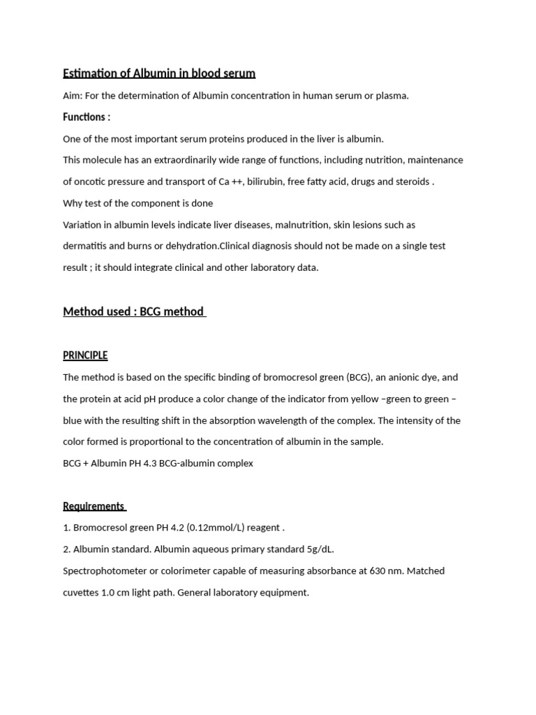 Estimation of Albumin by Bromocresol Green (BCG) Method | PDF | Blood ...