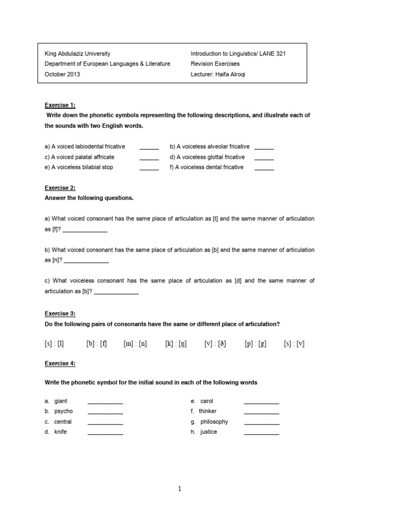 Phonetic Transcription Exercises | PDF | Phonetics | Consonant