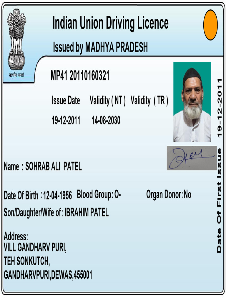 Indian Driving Licence Details for Sohrab Ali Patel | PDF
