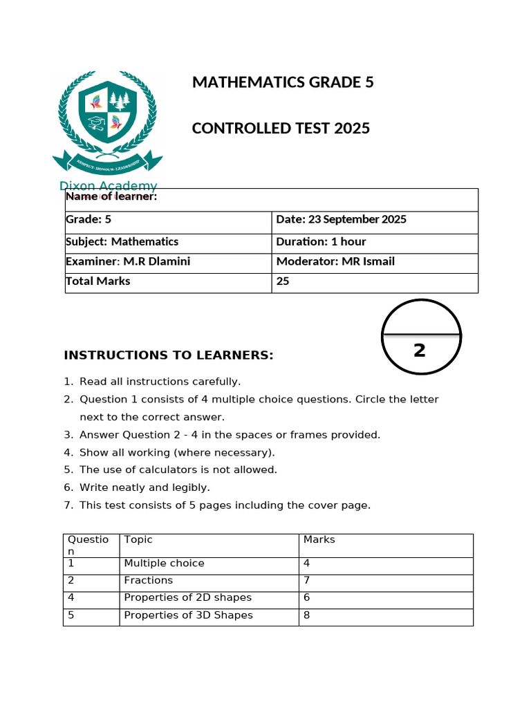 Grade 5 Maths Controlled Test | PDF | Shape | Multiple Choice