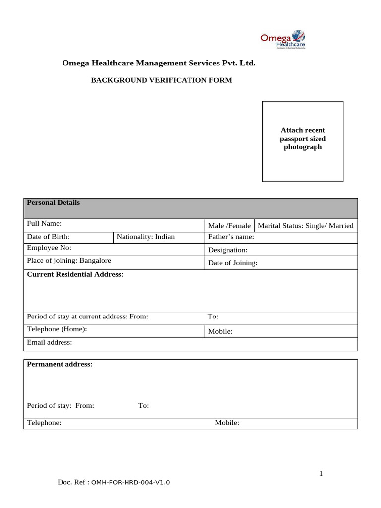 Omega Healthcare Background Verification Form | PDF | Temporary Work ...
