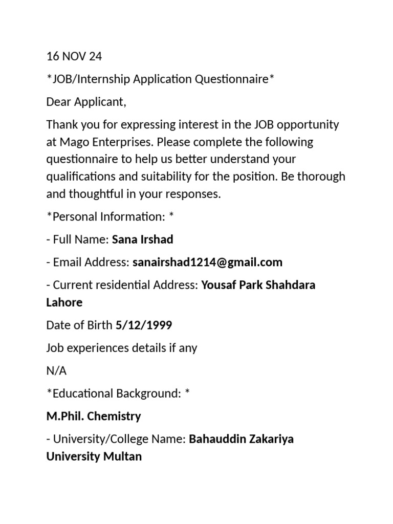 JOB or Internship Application Questionnaire | PDF