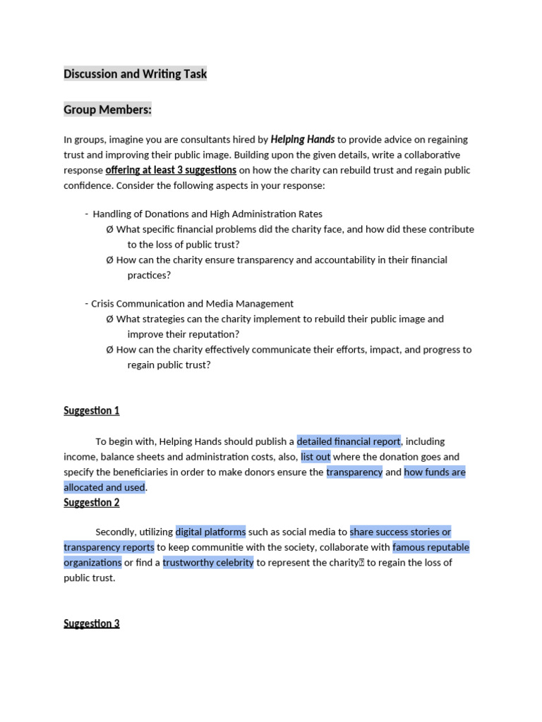 Discussion and Writing Task Group Members:: Offering at Least 3 ...