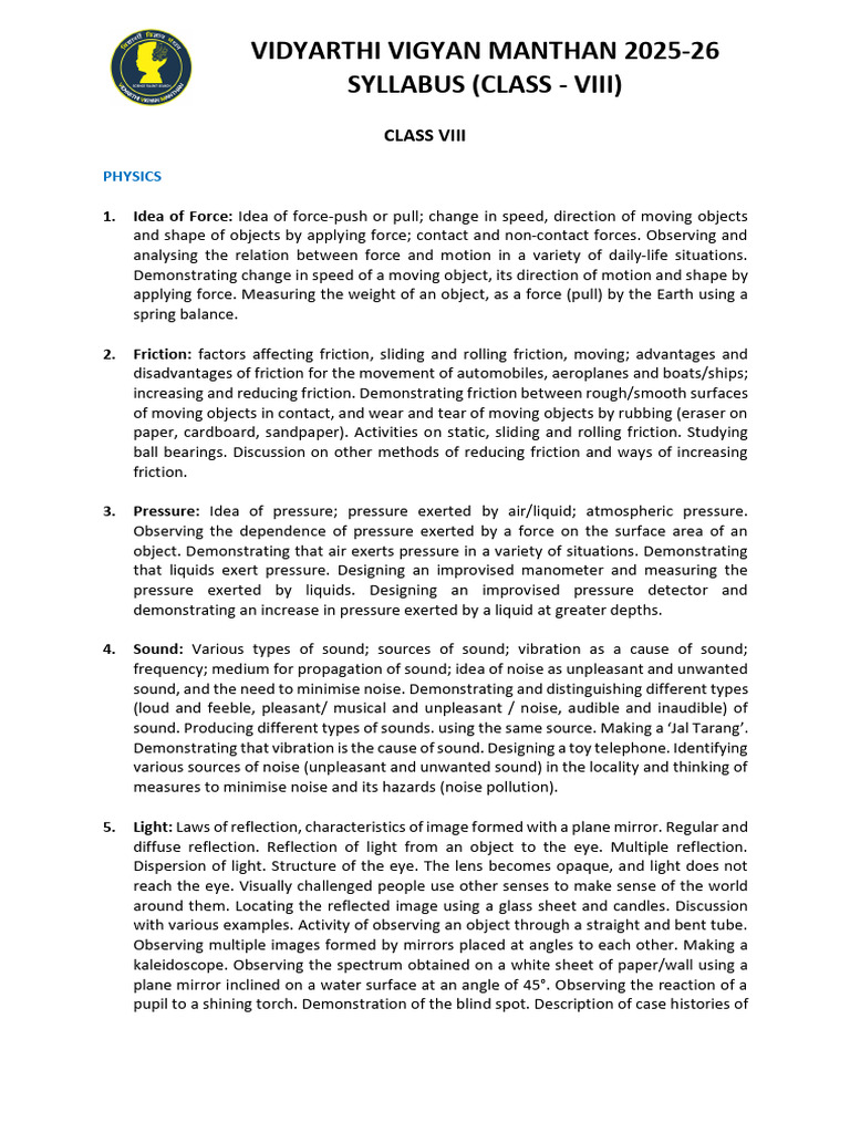 VVM Class 8 Syllabus 2025-26 | PDF | Friction | Pressure