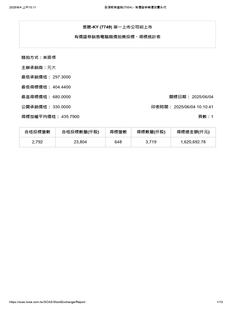 意騰-KY (7749) 得標統計表 | PDF