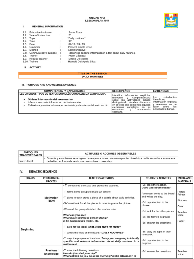 Daily Routines Lesson Plan | PDF | Reading Comprehension | Cognition