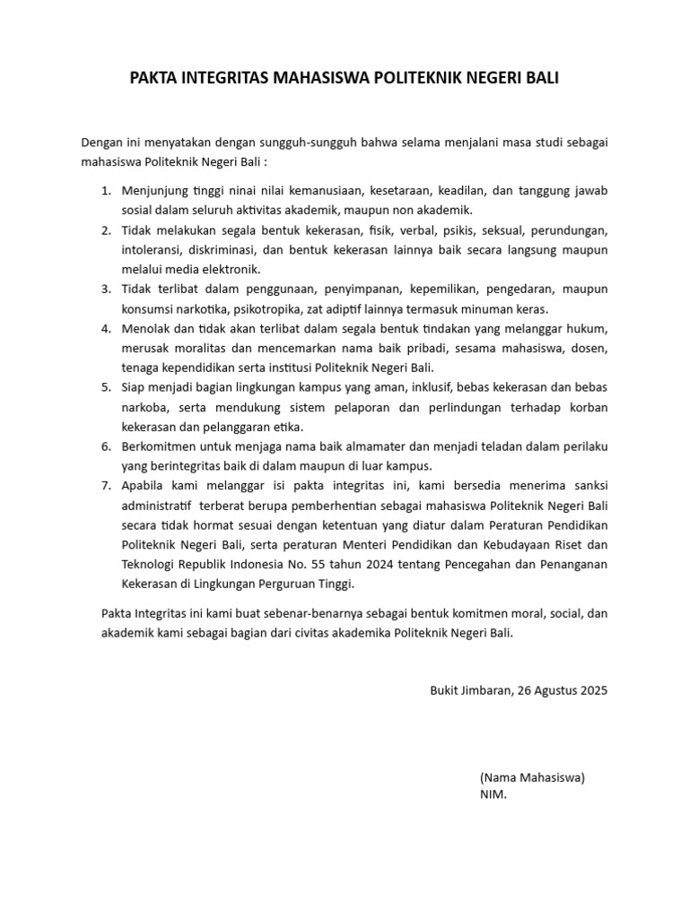 Pakta Integritas Mahasiswa Politeknik Negeri Bali | PDF