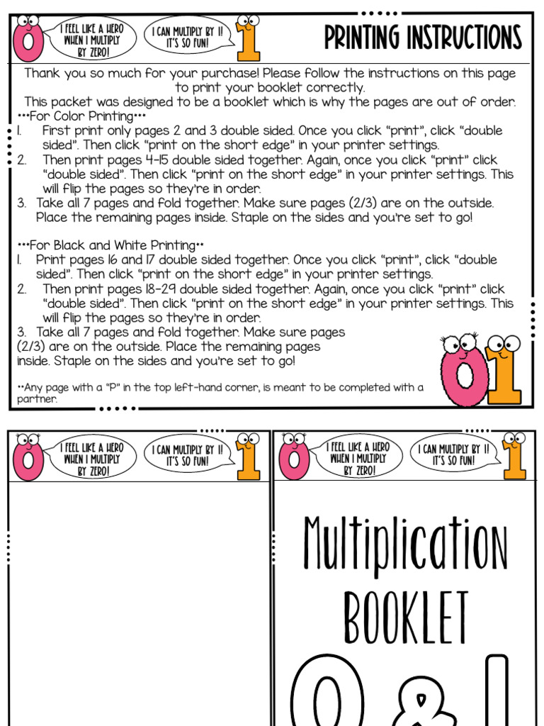 Printing Instructions for Multiplication Booklet | PDF | Multiplication