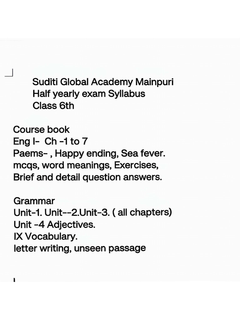 Class 6th English Syllabus For Half Yearly | PDF