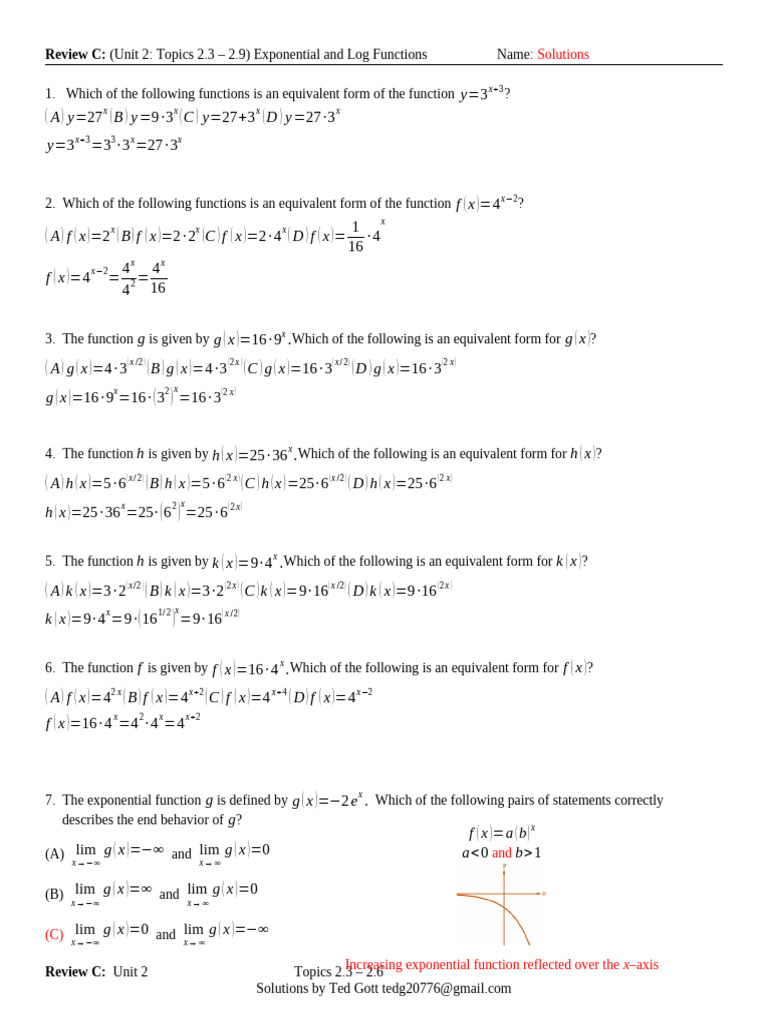 Exponential and Log Functions Review Solutions | PDF | Function ...