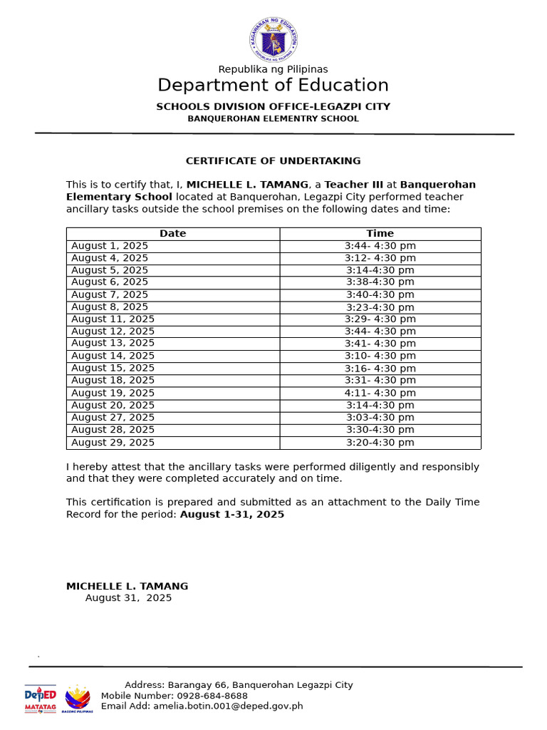 01 Certificate of Undertaking August | PDF