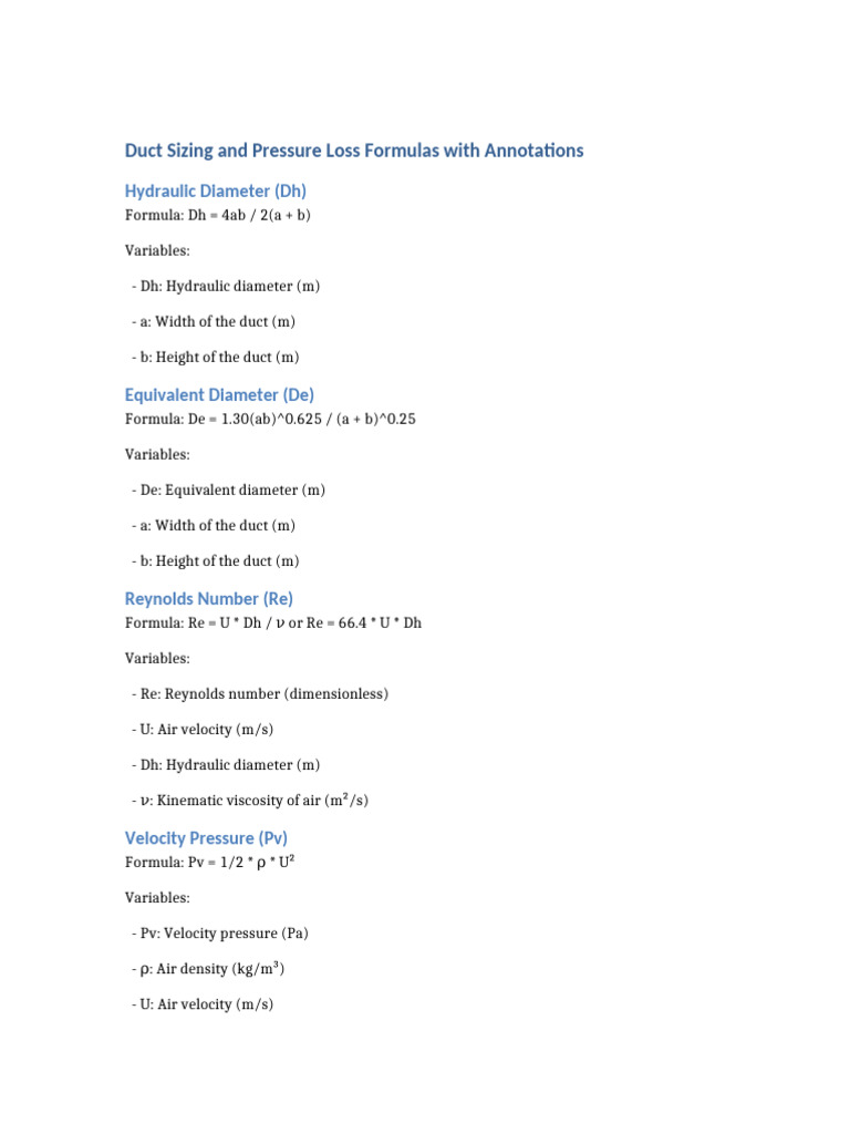 Duct Sizing and Pressure Loss Formulas | PDF