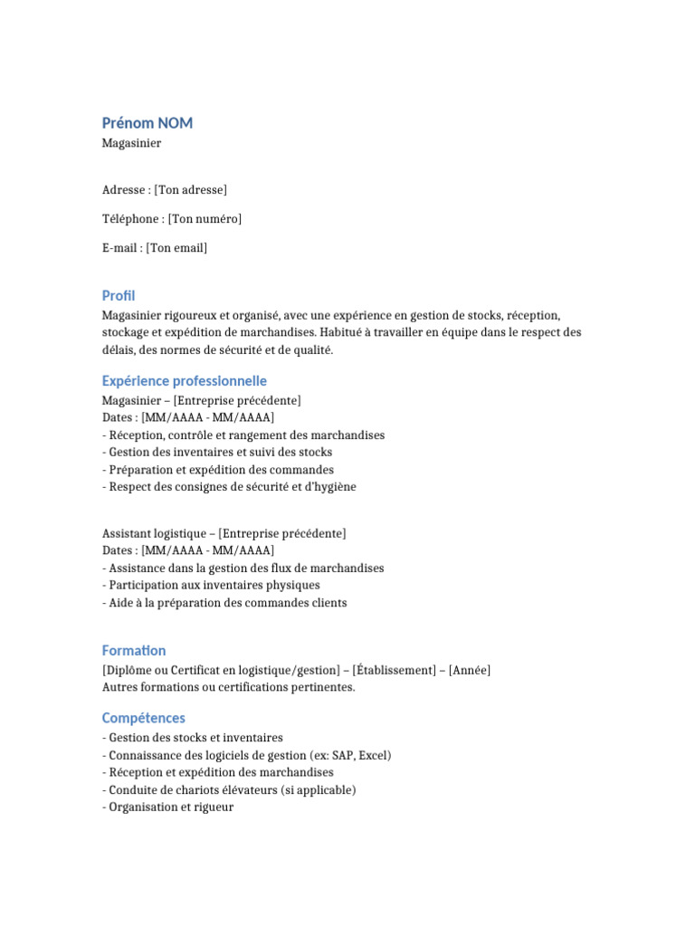 Exemple de CV pour Magasinier | PDF