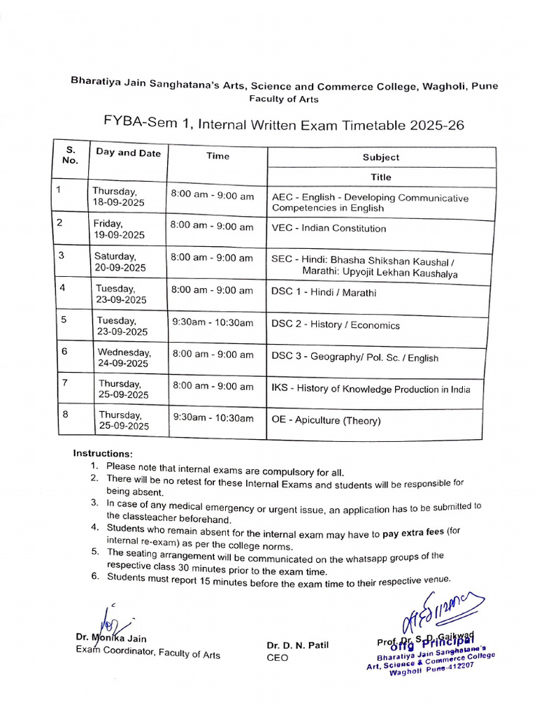 Internal Exam Time Table | PDF