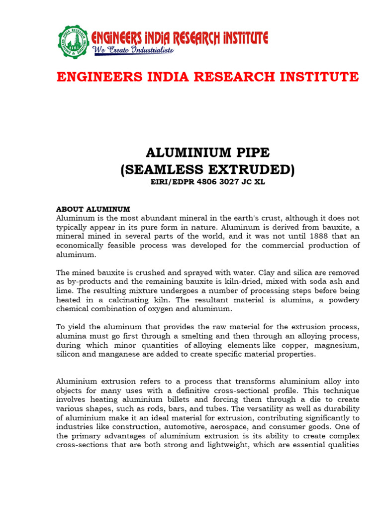 Detailed Project Report On ALUMINIUM PIPE (SEAMLESS EXTRUDED) | PDF | Extrusion | Aluminium