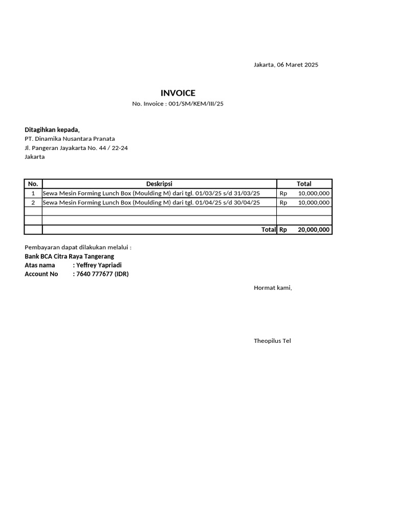 Invoice Sewa Mesin Forming Lunch Box | PDF