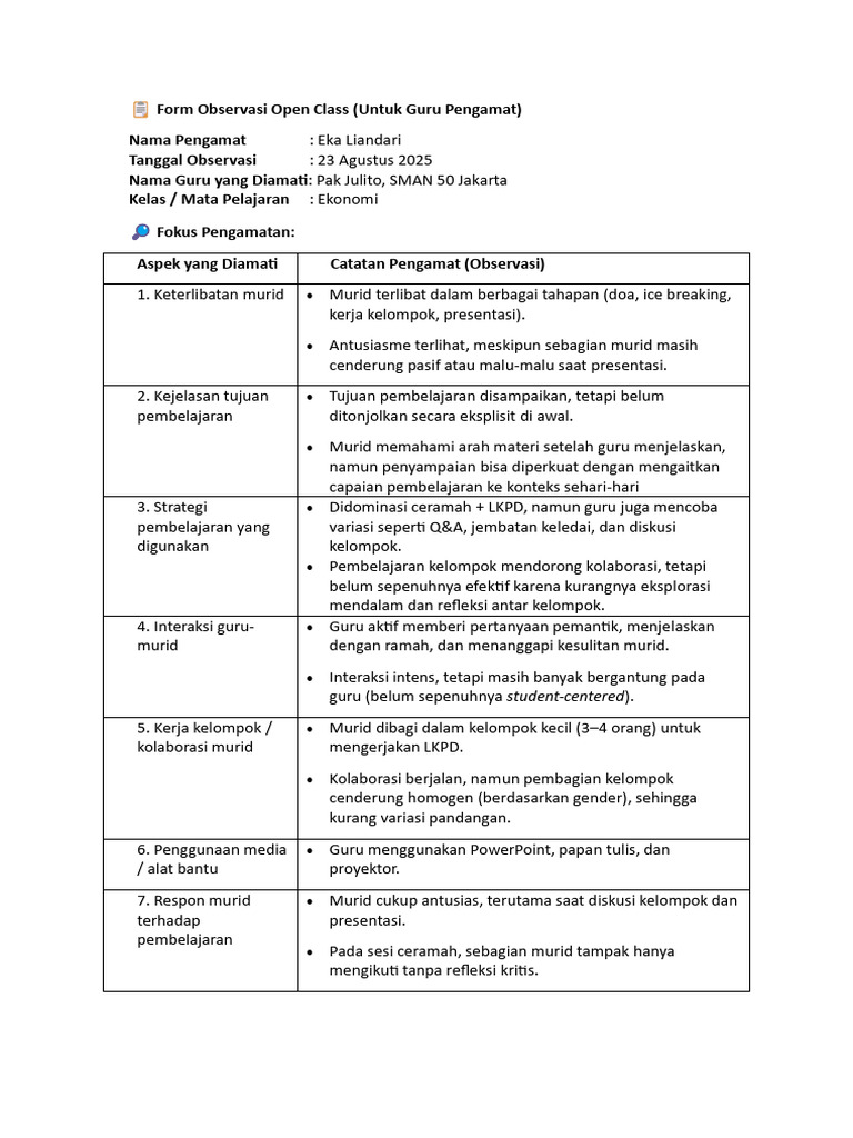 Observasi Pembelajaran Ekonomi SMAN 50 | PDF