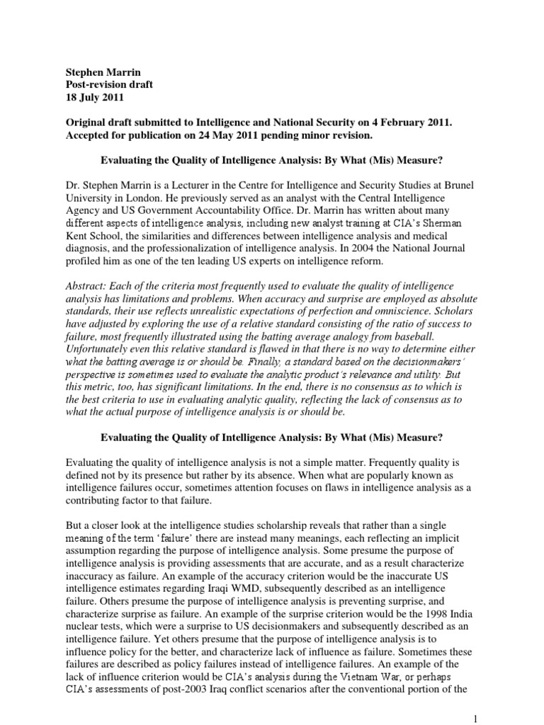 Marrin EvaluatingtheQualityofIntelligenceAnalysis | PDF | Intelligence ...