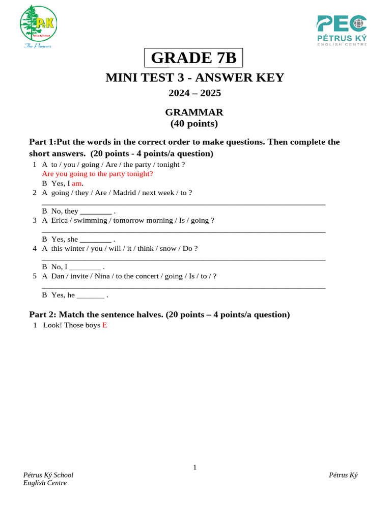 (g7-B-Answer Key) Mini Test 3 | PDF | Syntax | Grammar