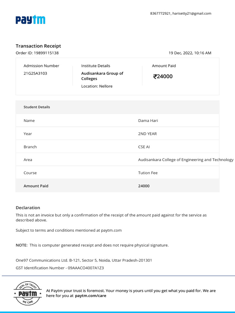 Audisankara College Fee Receipt | PDF | Receipt | Business