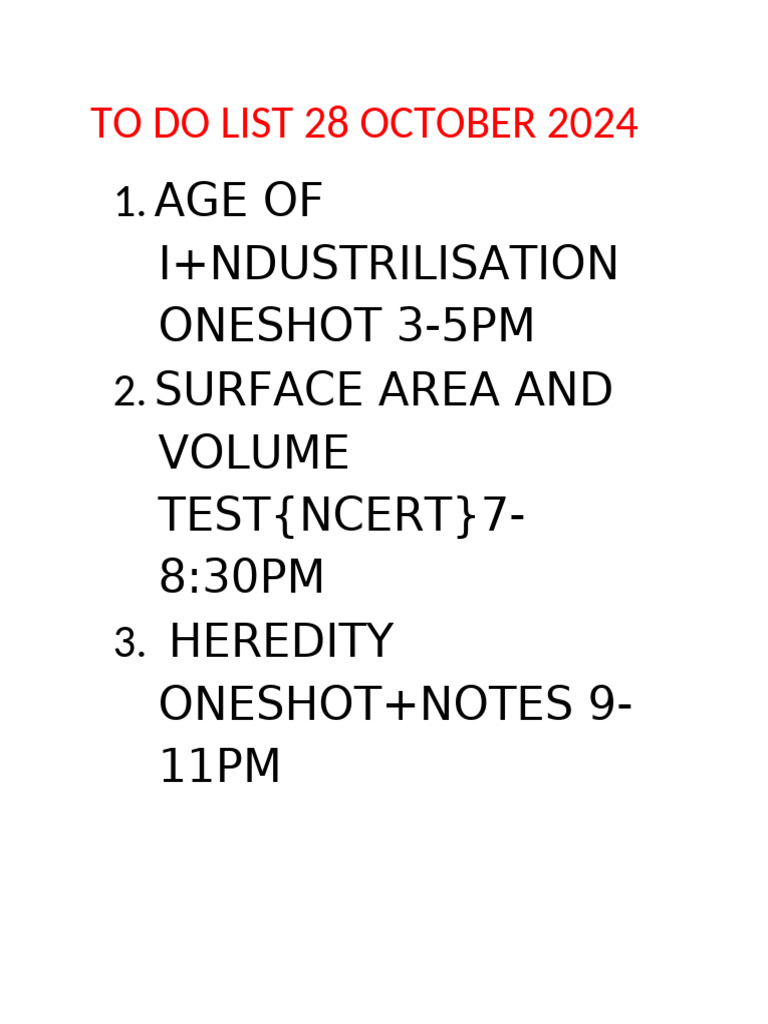 To Do List 28 October 2024 | PDF