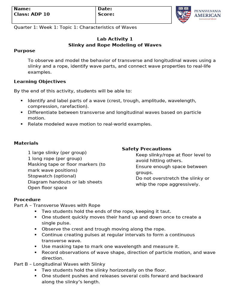 GenSci10 Q1W1 Lab Worksheet Slinky and Rope | PDF | Waves | Wavelength