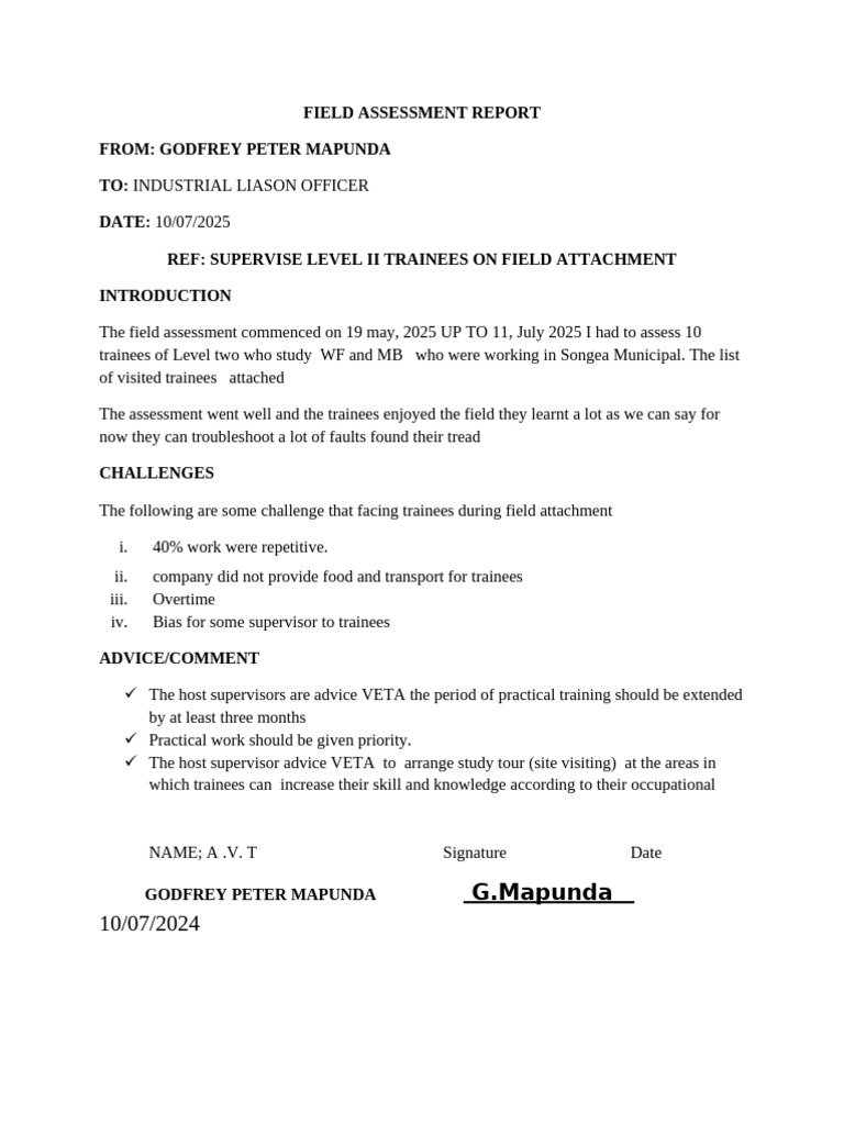 Field Assessment Report for Trainees | PDF
