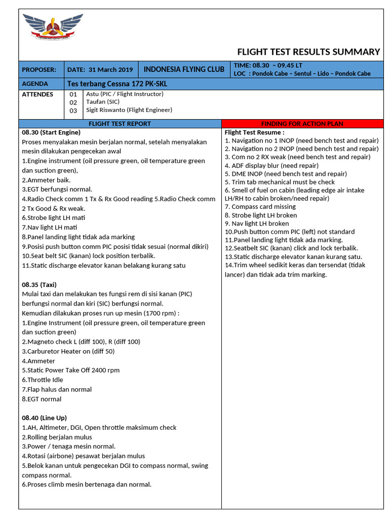 01.flight Report Test PK-SKL 31032019 | PDF | Aviation