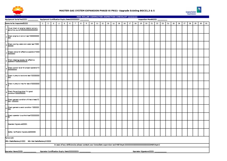 Mini Compactor Daily Checklist | PDF