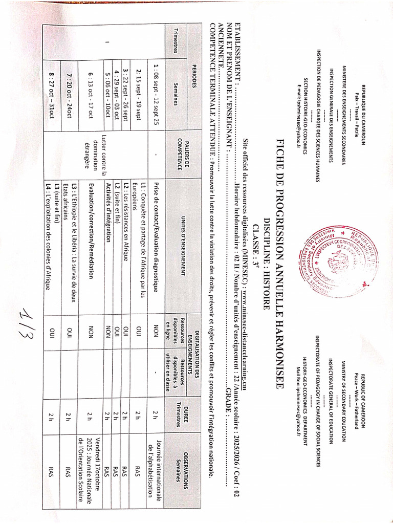 Fiche de Progression 25-26 Histoire 3e | PDF