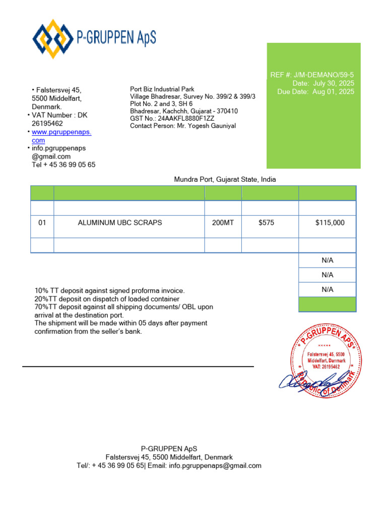 Proforma Invoice Leion Industries ALUMINUM UBC SCRAPS | PDF