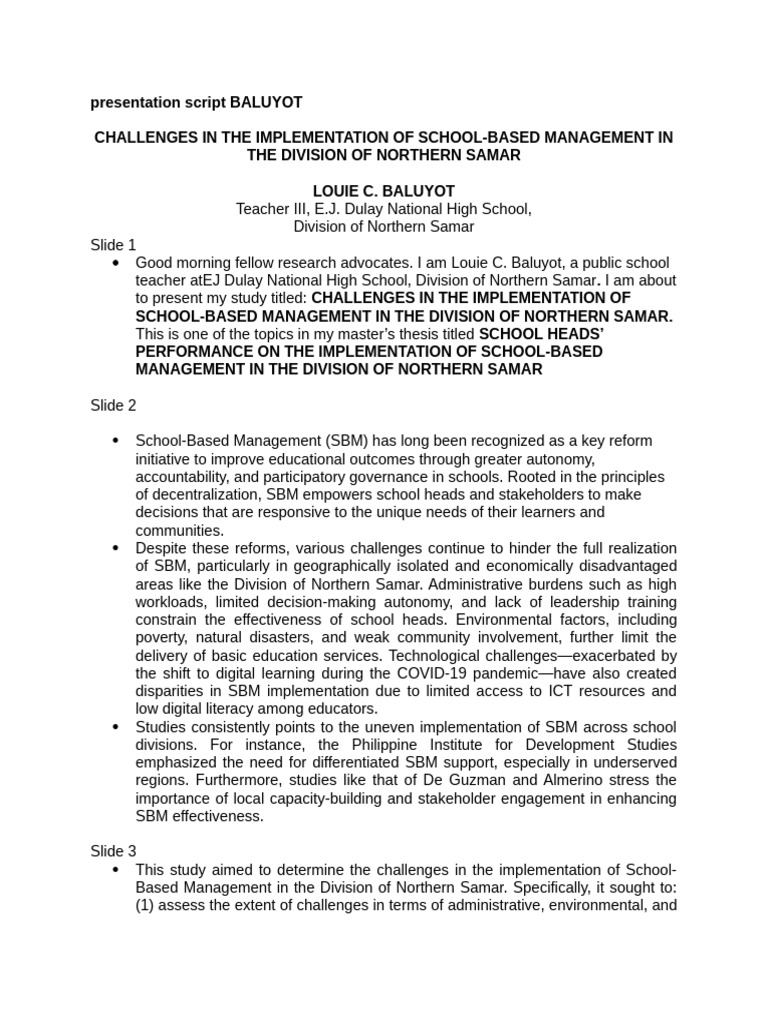 Presentation Script BALUYOT | PDF | Governance | Leadership