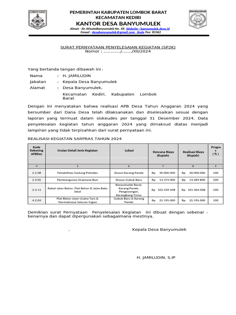 6.1. Desa Banyumulek, Surat Pernyataan Monev DD (SARPRAS) 2024 | PDF
