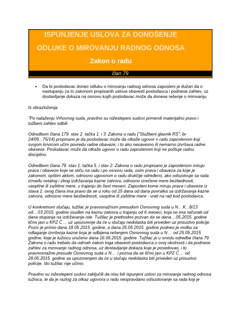 Ispunjenje Uslova Za Donosenje Odluke o Mirovanju Radnog Odnosa | PDF