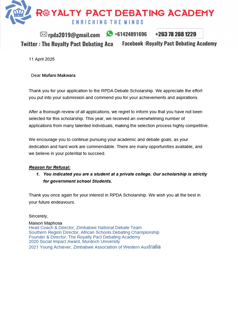 Rpda Scholarship Refusal Letter | PDF