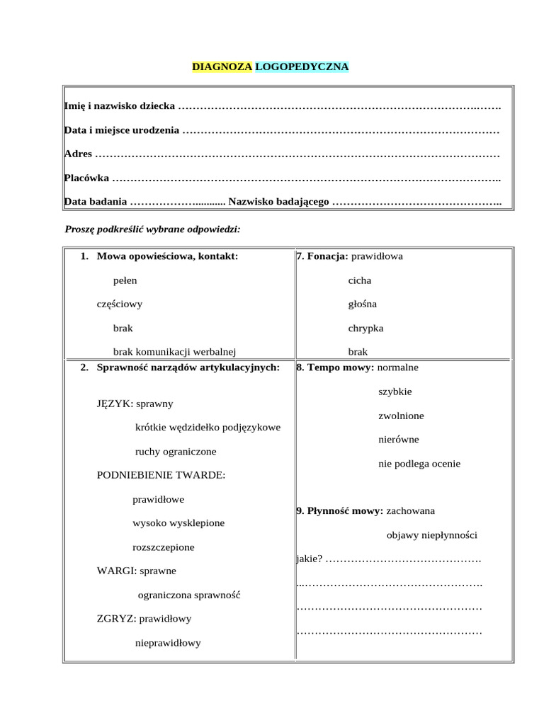 Dignoza Logopedyczna - Karta | PDF