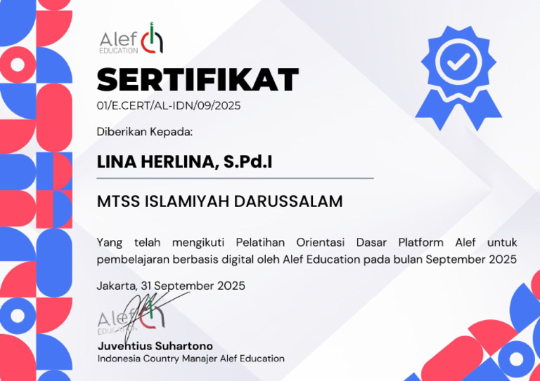 Sertifikat Pelatihan Orf Alef 2025 - Lina Herlina, s.pd.i | PDF
