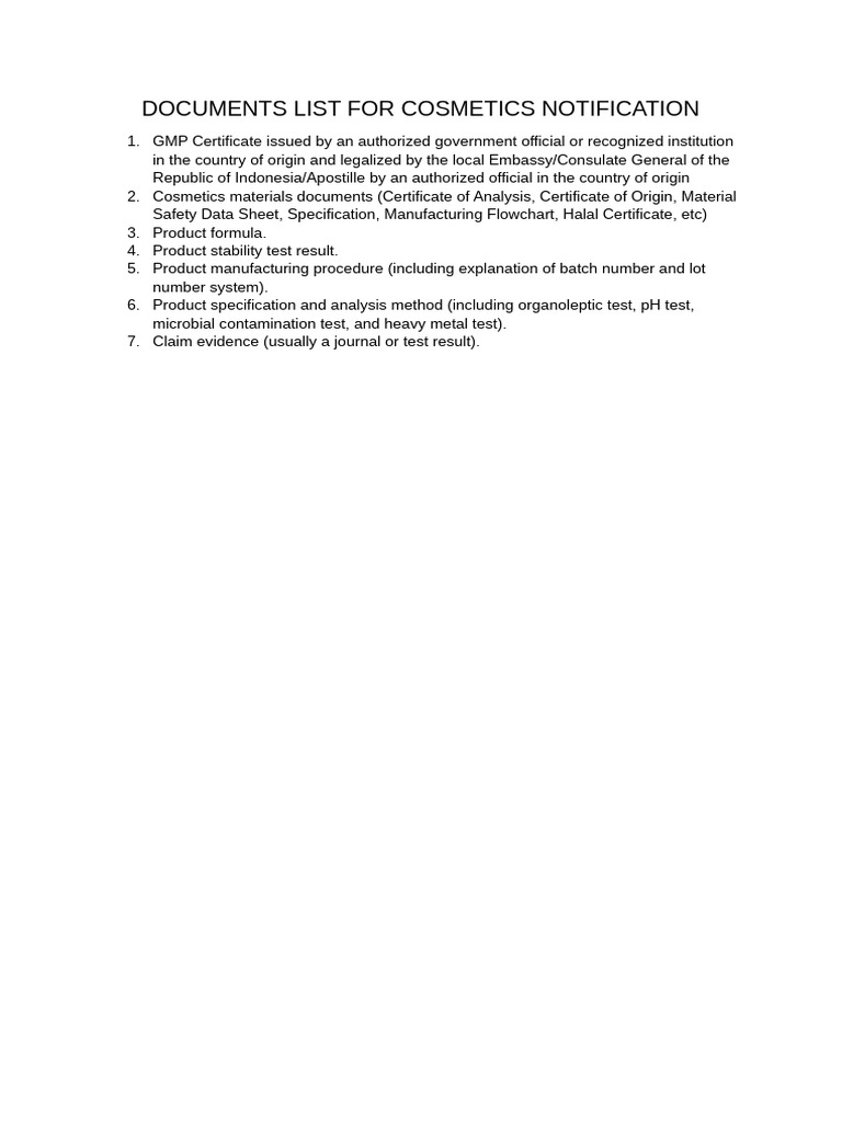 Cosmetics Notification Document Requirements | PDF