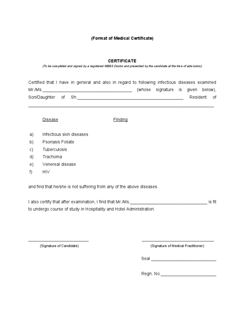 Format of Medical Certificate