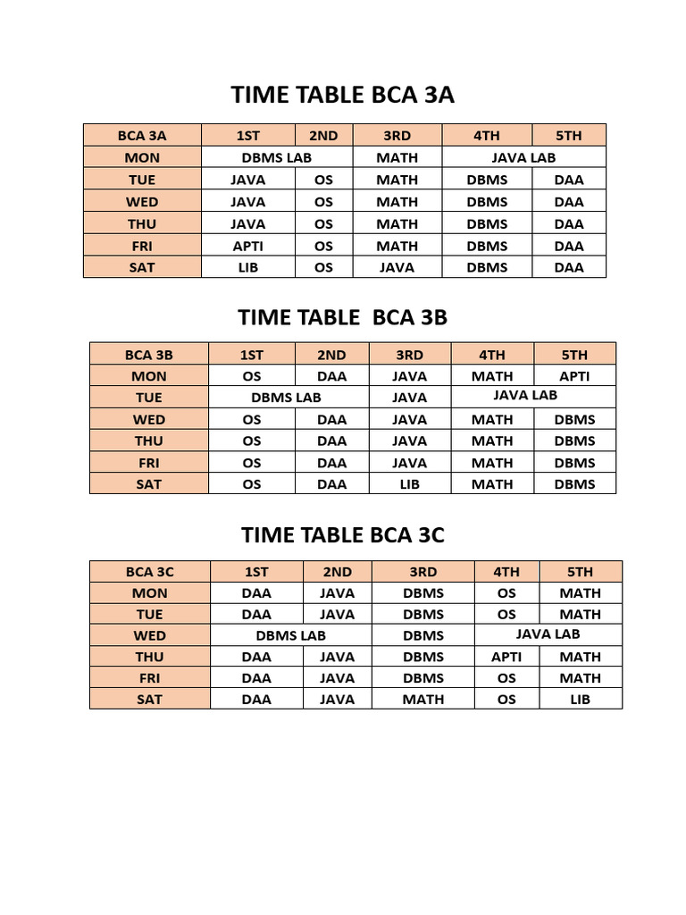BCA 3A, 3B, 3C Timetable | PDF
