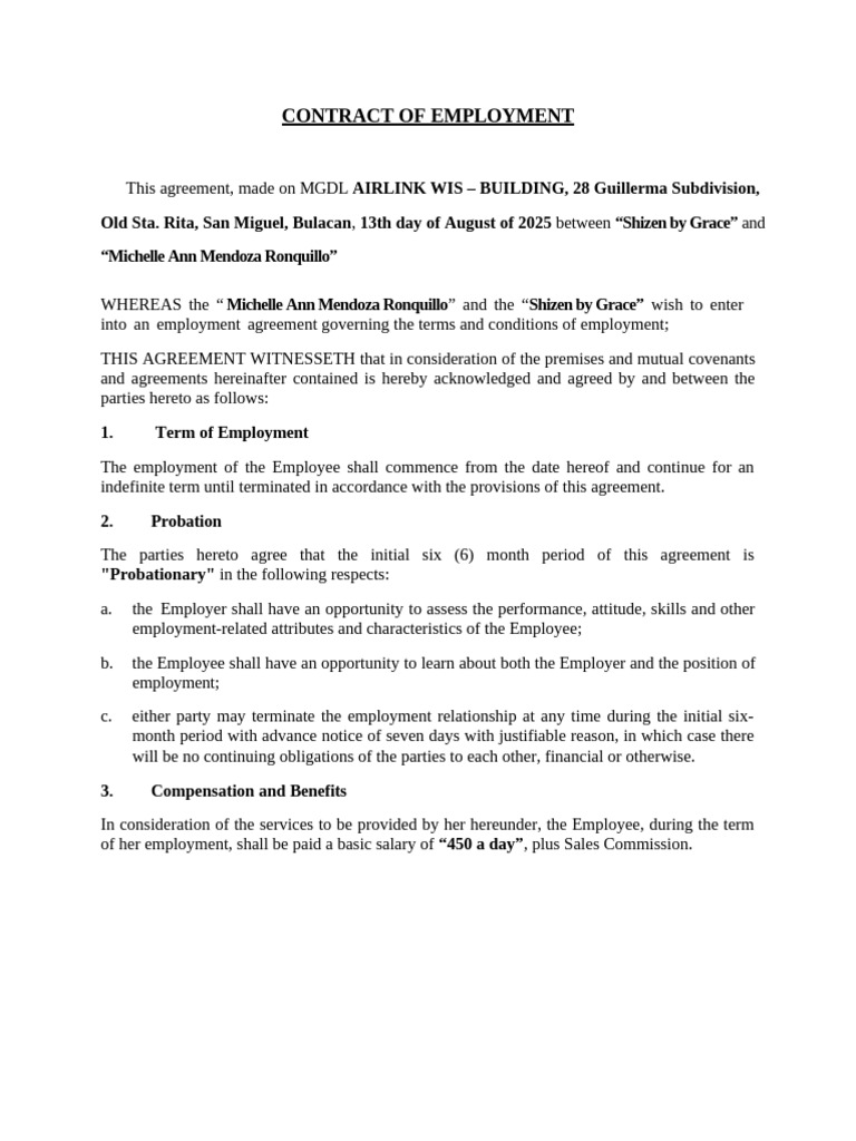COE Sample | PDF | Employment | Confidentiality