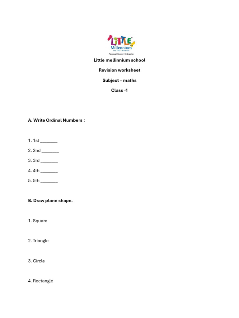 Little Mellinnium School Revision Worksheet Subject - Maths Class - 1 | PDF